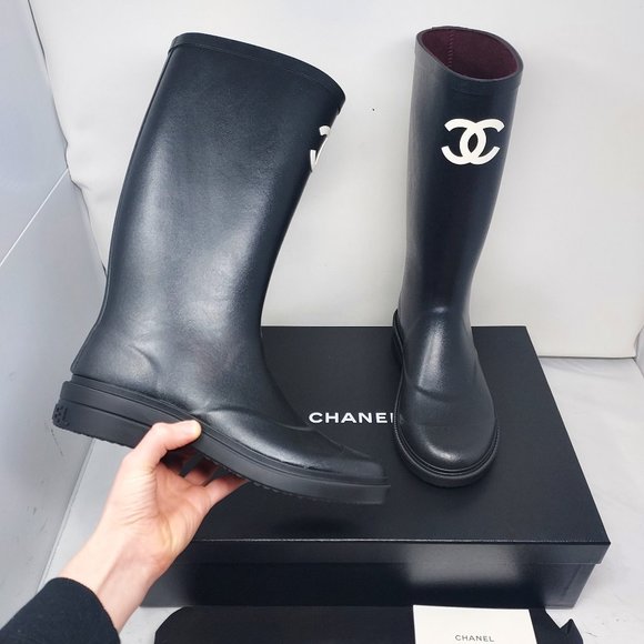 CHANEL | Shoes | Chanel Black White Caoutchouc Cc Logo High Rubber Rain ...